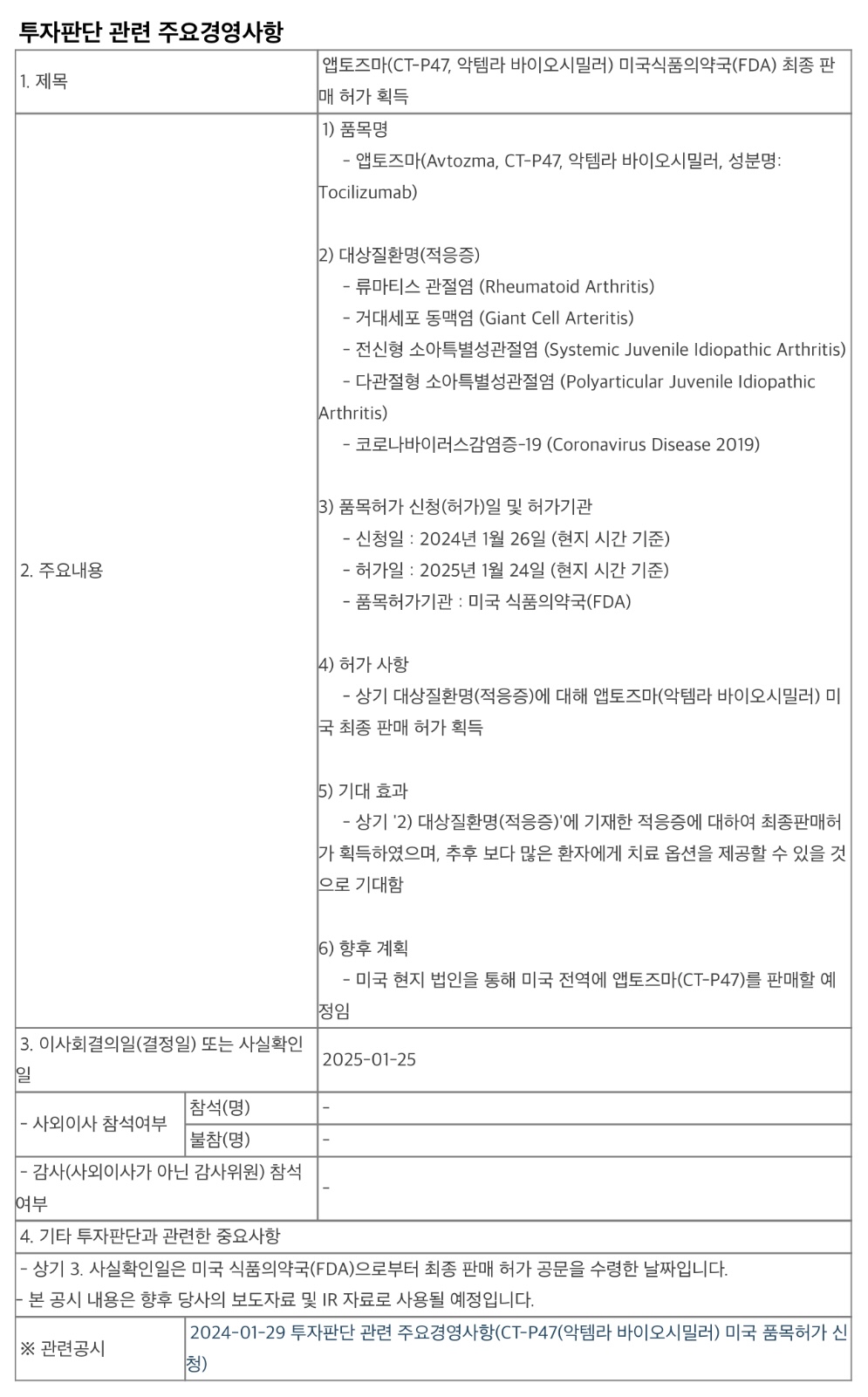 CTP47, 악템라 바이오시밀러 FDA 최종 판매 허가 획득 : 셀트리온(068270)